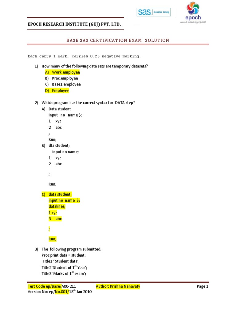Base Unit Test Paper - 1 Solution | Download Free PDF | Sas (Software ...