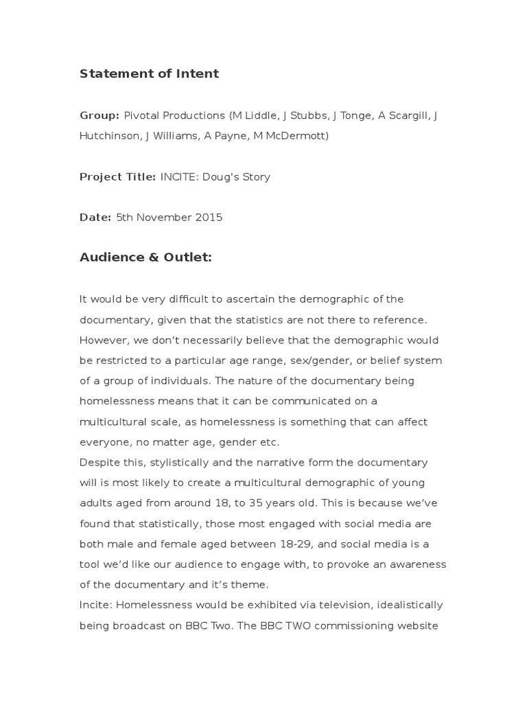 Statement of Intent | PDF | Documentary Film | Homelessness