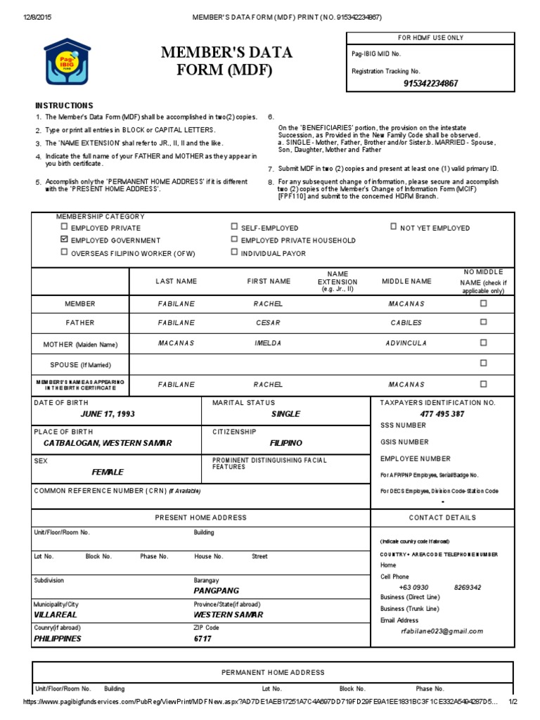 Member's Data Form (MDF) Instructions | PDF | Government | Social ...