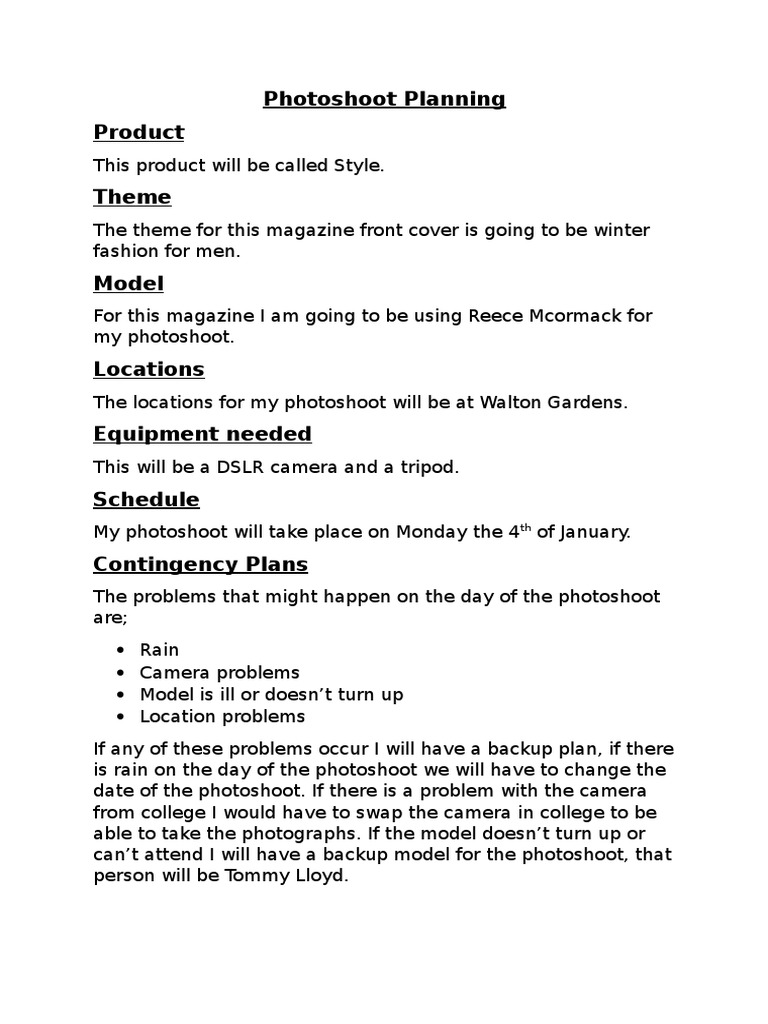 Photoshoot Planning | Download Free PDF | Tripod (Photography ...