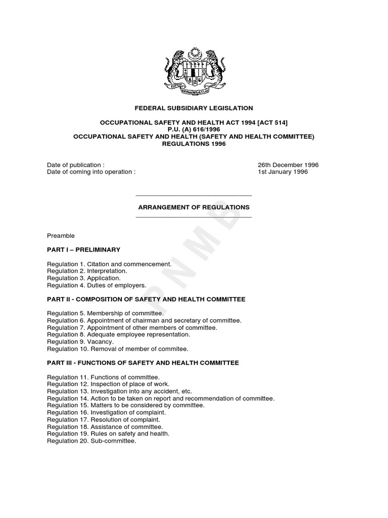 Safety and Health Committee Regulation 1996 | PDF | Safety | Occupational Safety And Health