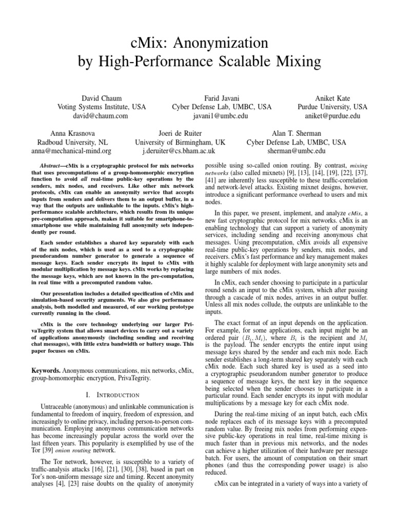 Cmix: Anonymization by High-Performance Scalable Mixing | PDF | Public Key Cryptography | Tor ...