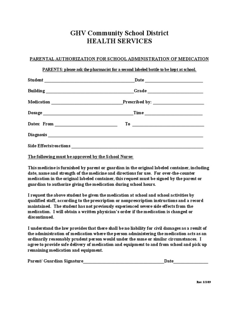 School Medication Authorization Form | PDF