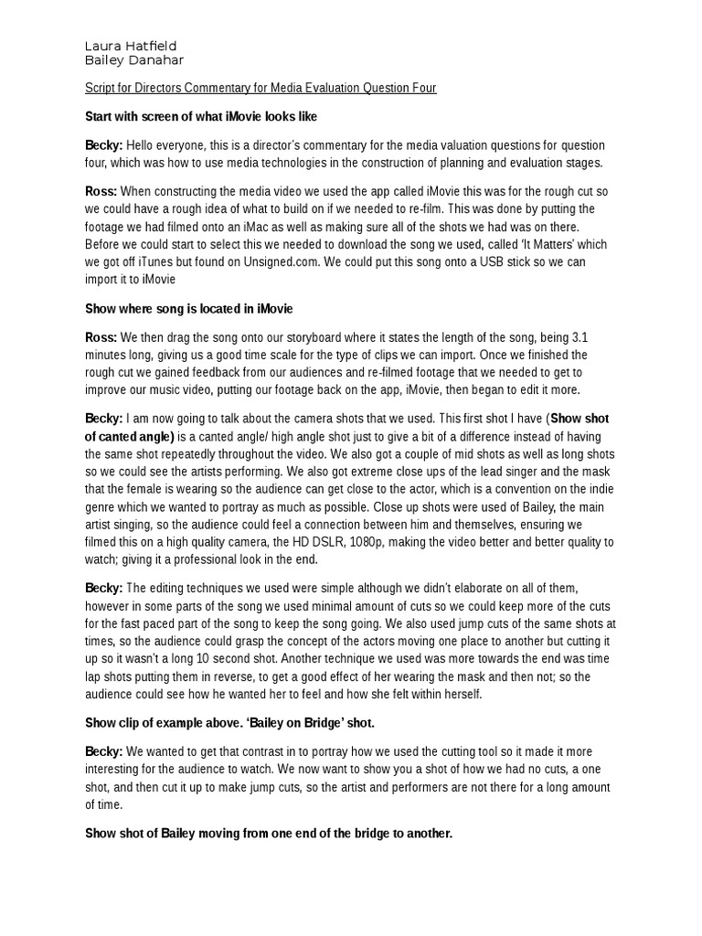 Script For Directors Commentary For Media Evaluation Question Four ...