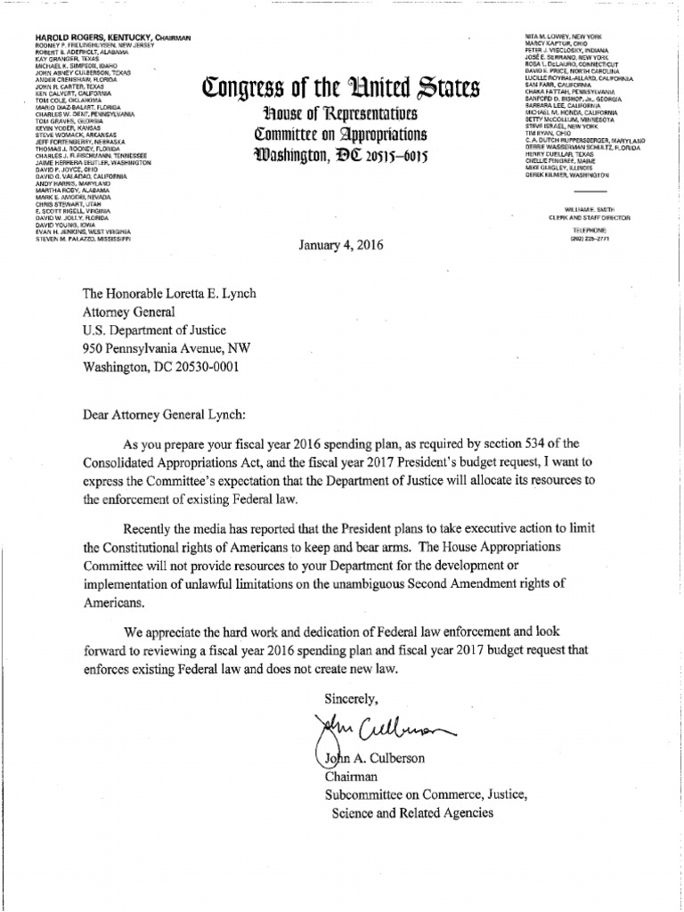 Rep. John Culberson Letter To AG Lynch About The Second Amendment | PDF ...