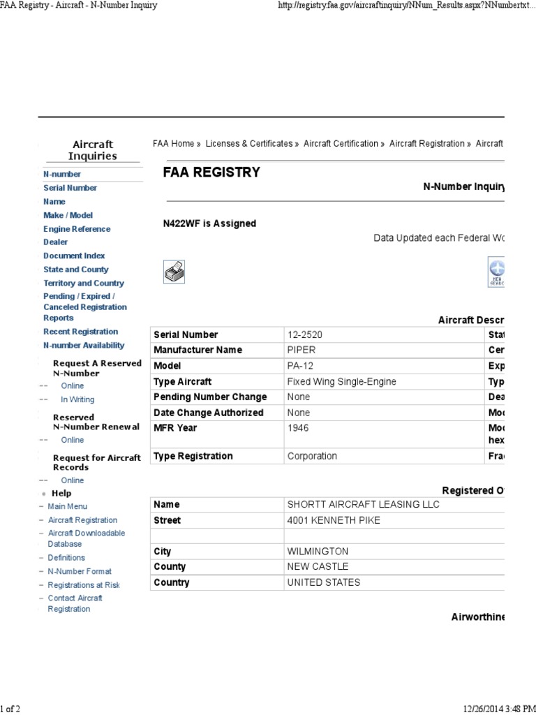 FAA Registry - Aircraft - N-Number Inquiry Piper n422 PDF | PDF ...