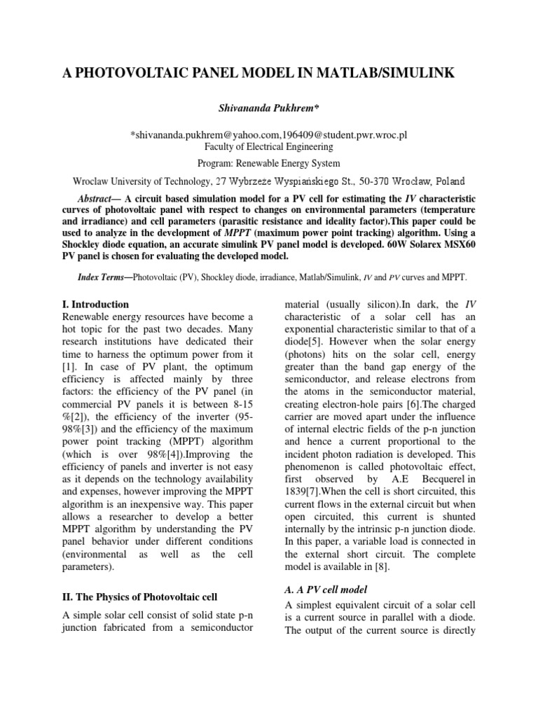 A Photovoltaic Panel Model in Matlab Simulink | PDF | Solar Cell ...