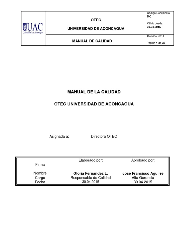 Manual de Calidad OTEC U. Aconcagua | PDF | Gestión de la calidad | Calidad (comercial)