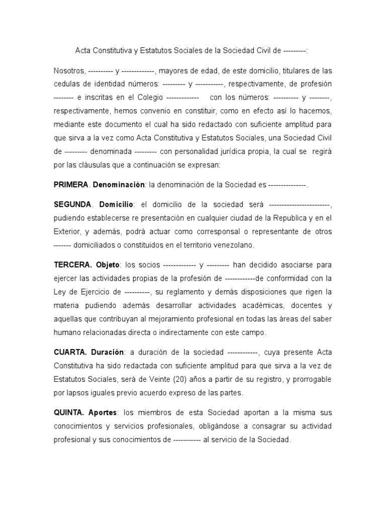 Acta Constitutiva y Estatutos Sociales Sociedad Civil | PDF | Regulación | Sociedad
