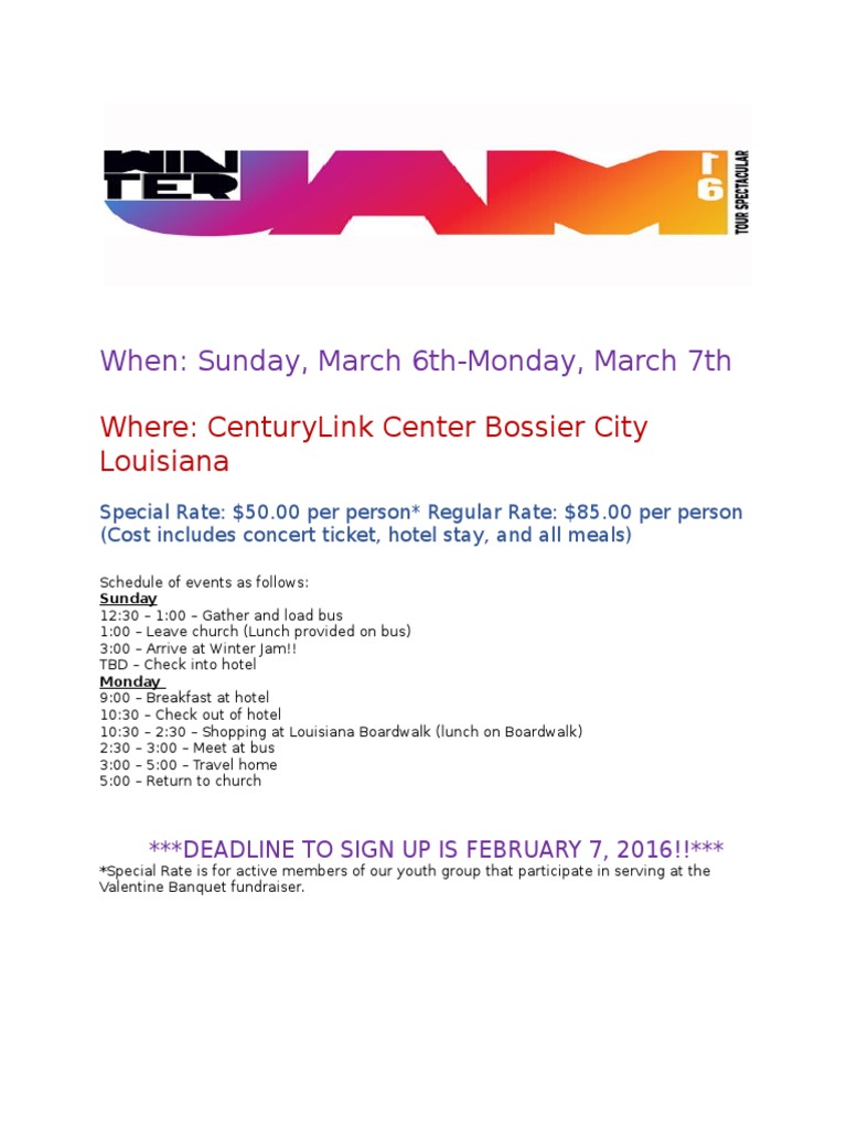 Youth Group Winter Jam Trip Details | PDF