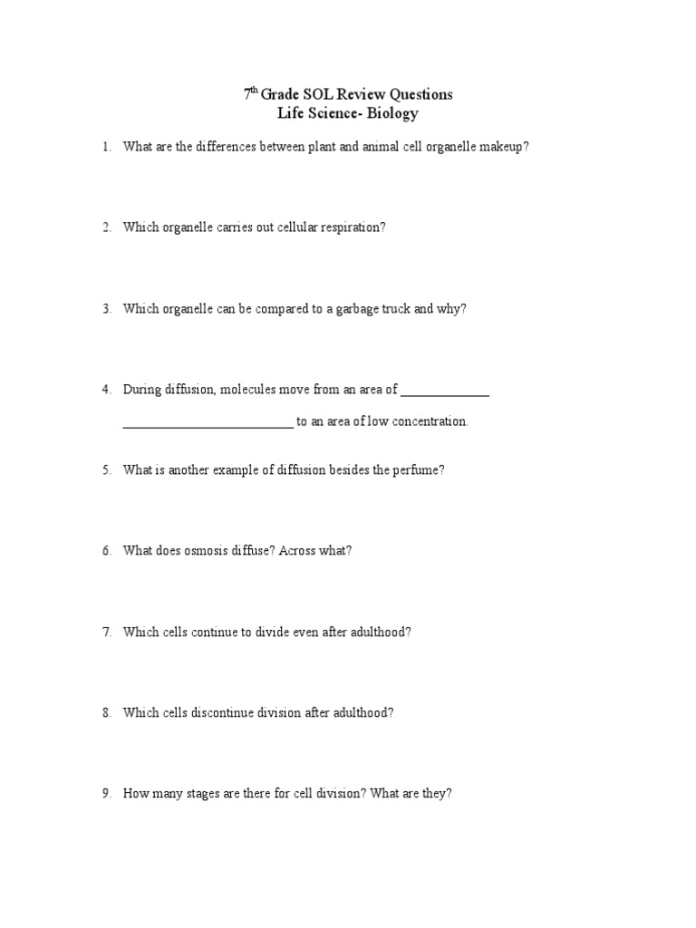 7th Grade Biology SOL Review Questions | PDF