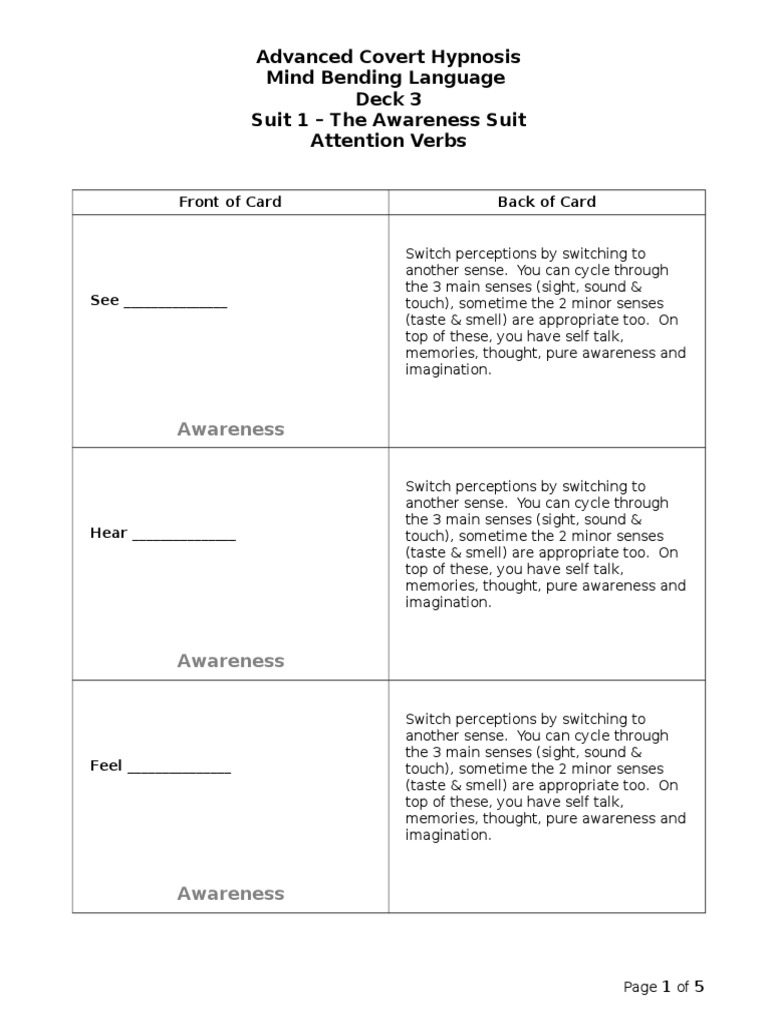 Advanced Covert Hypnosis Mind Bending Language Deck 3 Suit 1 | PDF | Senses | Imagination