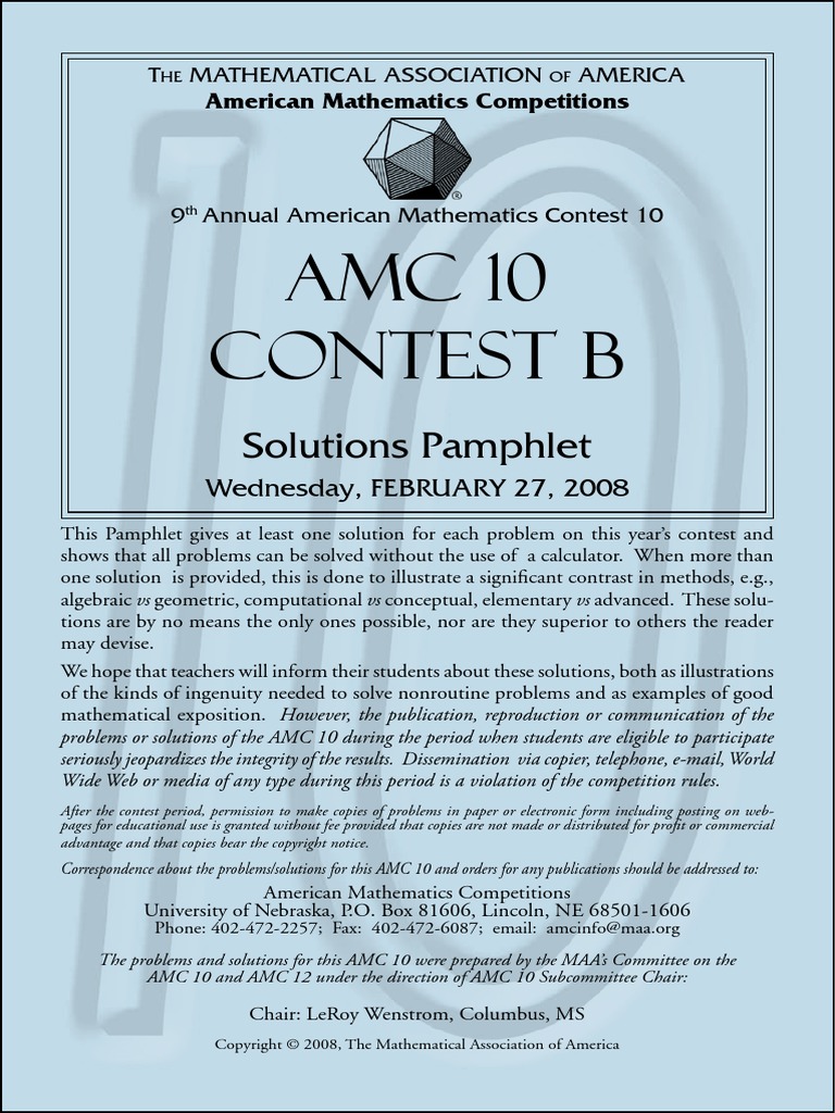 AMC 10 Contest B: Solutions Pamphlet | PDF