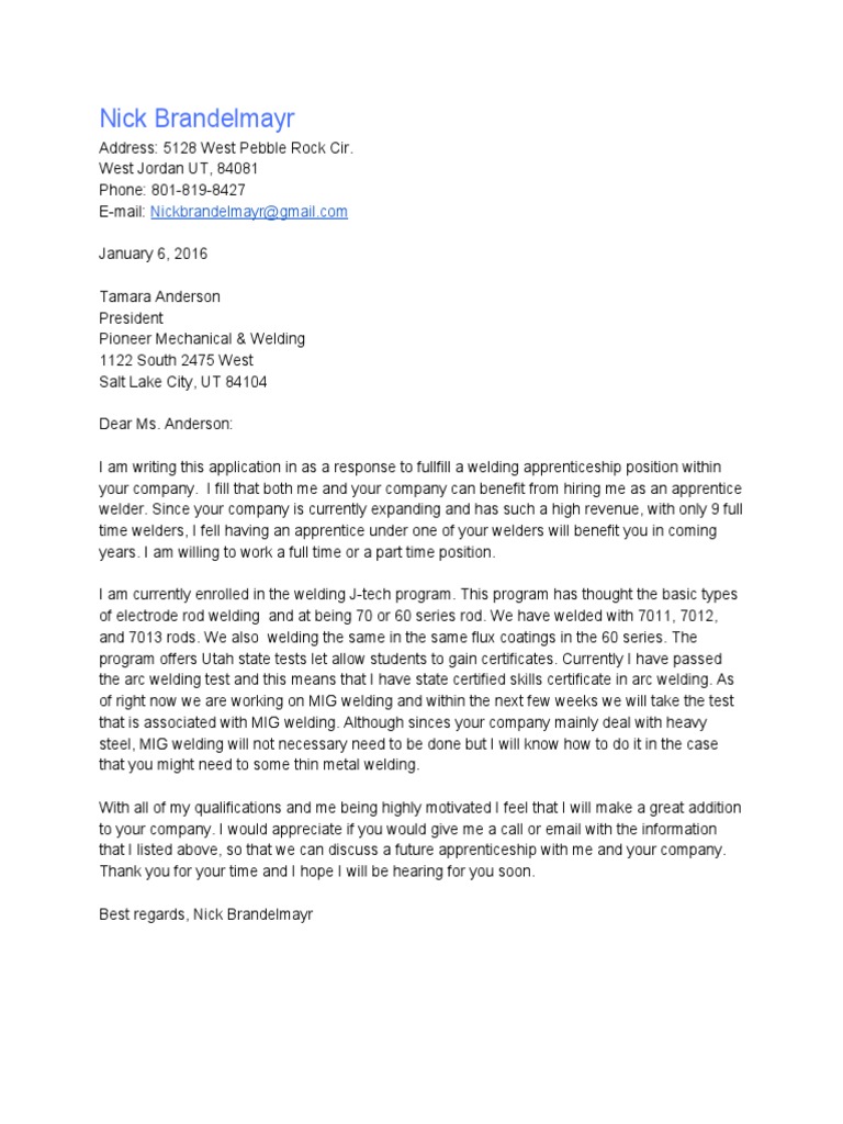 Welding Apprenticeship Application Letter | PDF | Career & Growth | Business