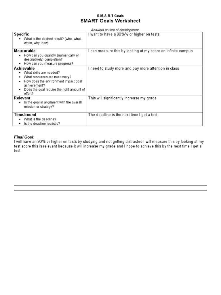 SMART Goals Worksheet for Academic Success | PDF