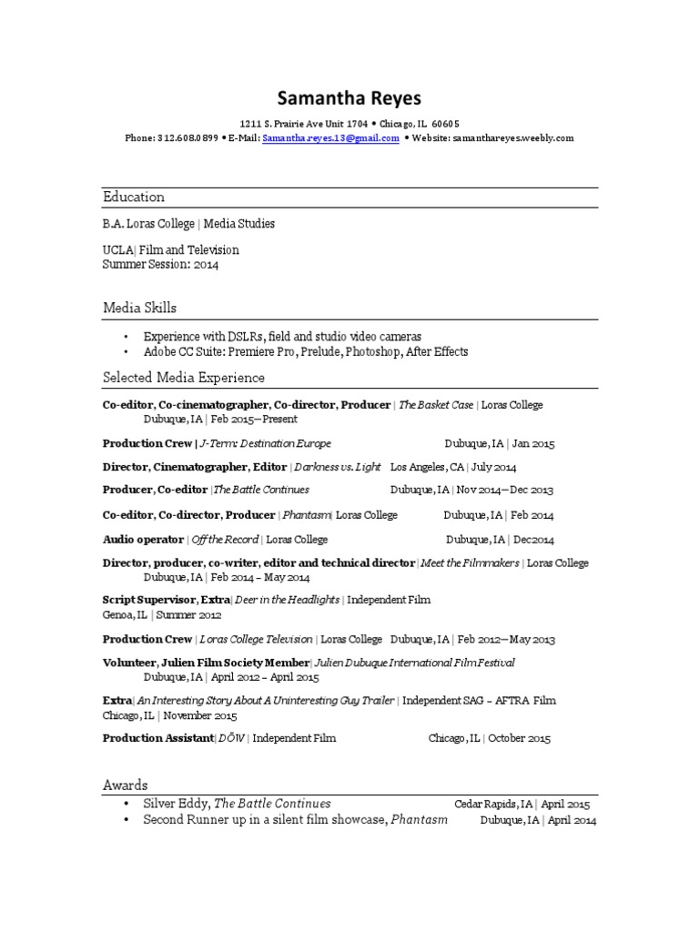 Samantha Reyes: Media Professional Resume | PDF