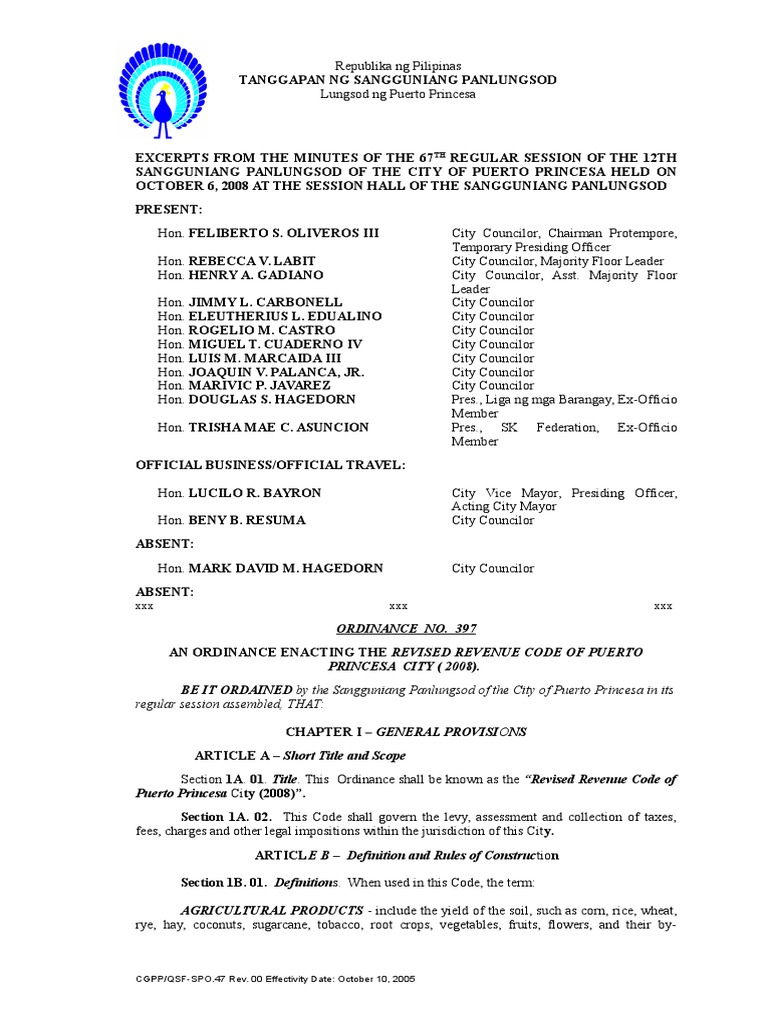 Ordinance No. 397 PPC Revenue Code | PDF | Oath Of Office | Taxes