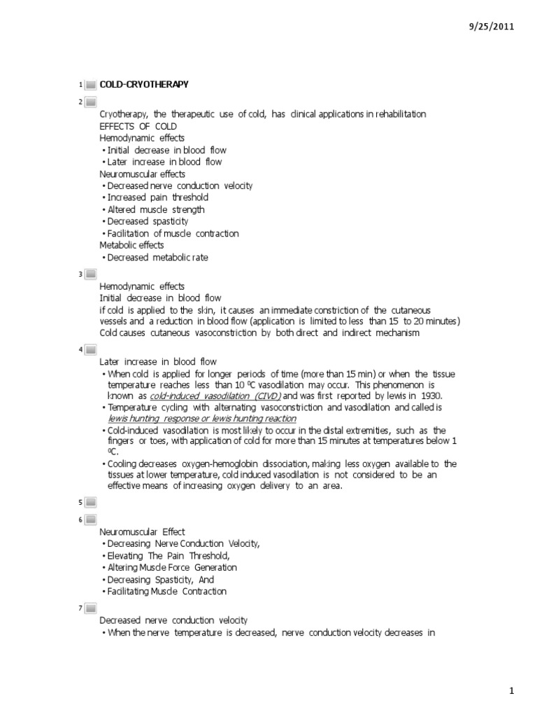Cold Cryotherapy Notes | PDF | Inflammation | Vasodilation