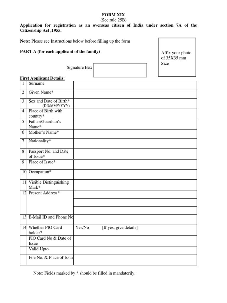 Oci Form Xix | Government Information | International Relations