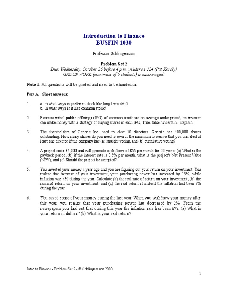 Introduction To Finance BUSFIN 1030: Problem Set 2 | PDF | Stocks | Bonds (Finance)