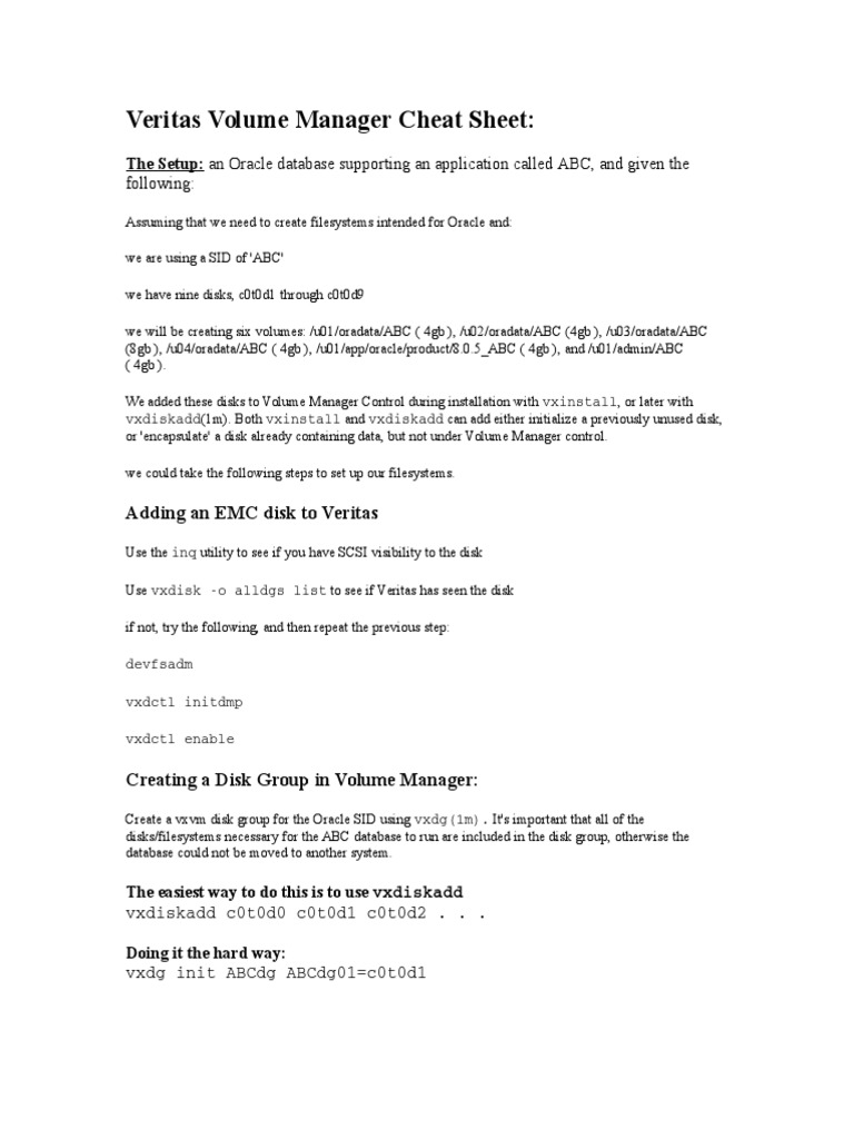 Veritas Volume Manager Cheat Sheet | PDF | File System | Oracle Database