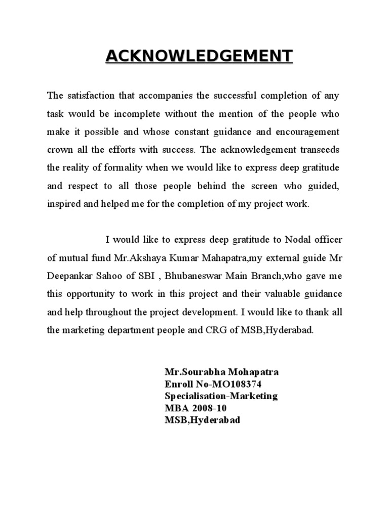 Acknowledgement for SBI Mutual Fund Project | PDF