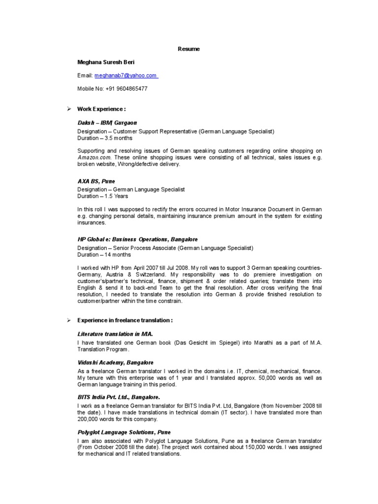 A Multilingual Career: Meghana Beri's Impressive Resume Highlighting ...