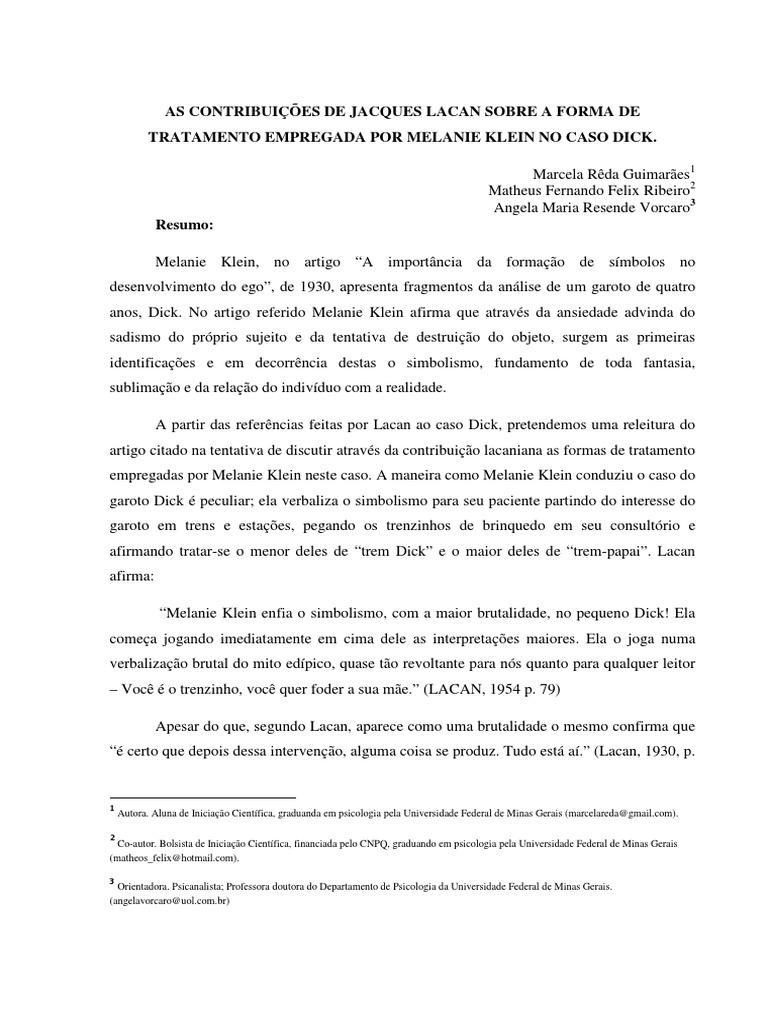 Caso Dick Por Angela Vocaro | PDF | Jacques Lacan | Psicanálise