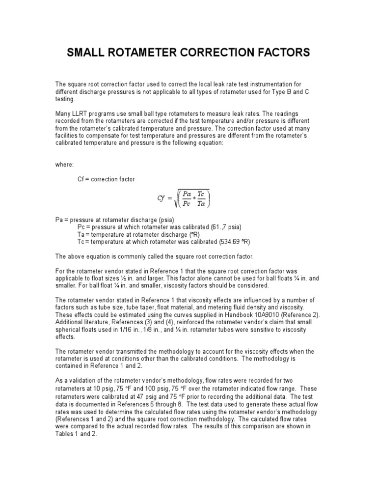 Small Rotameter Correction Factors | PDF | Calibration | Pressure