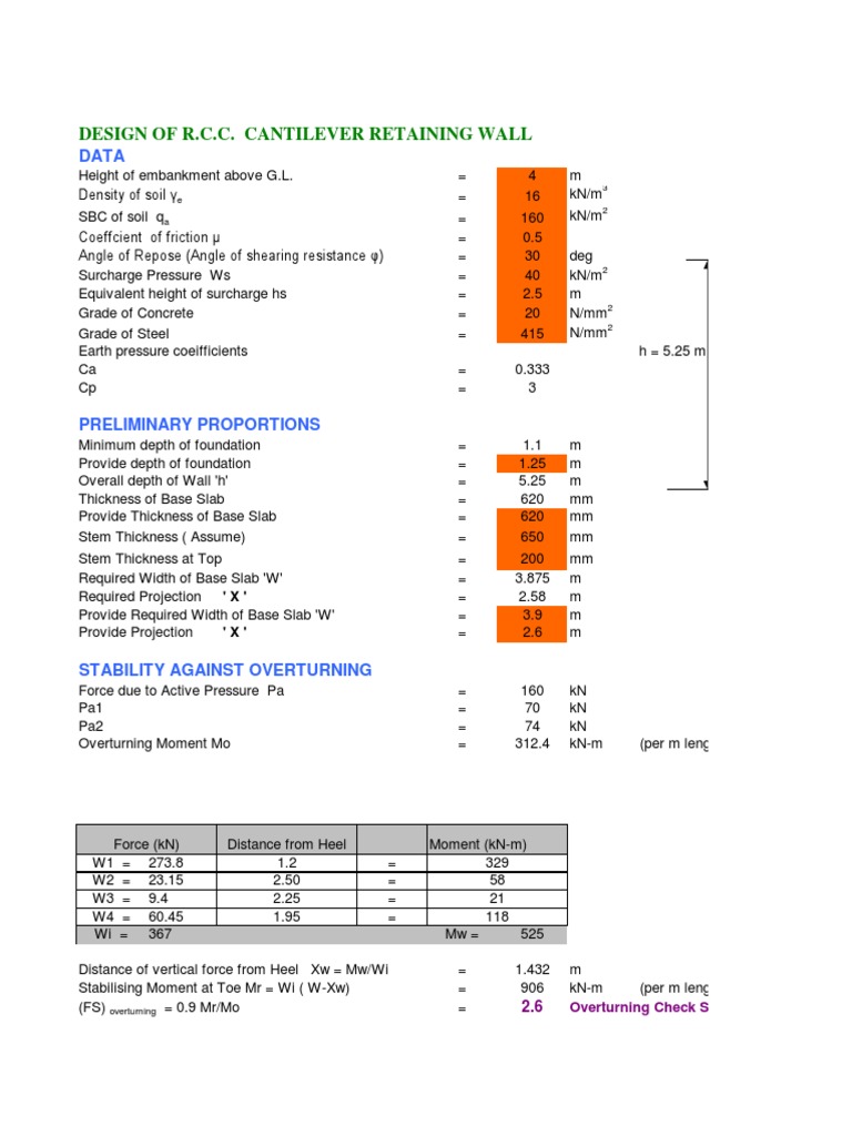 RCC Retaing Wall With Surcharge Design | Download Free PDF | Structural ...