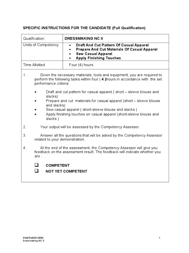 Dressmaking NC II Assessment Guide | PDF