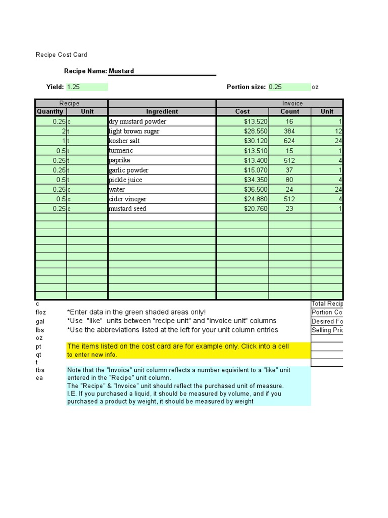 Mustard Recipe Cost Analysis | PDF