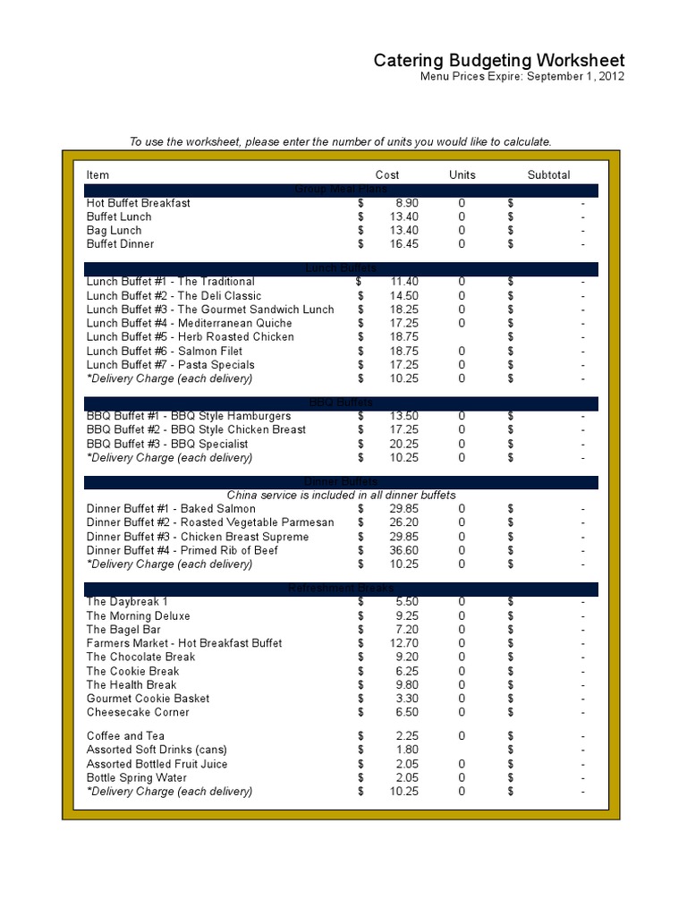 Catering Budgeting Worksheet: Menu Prices and Cost Calculations for ...