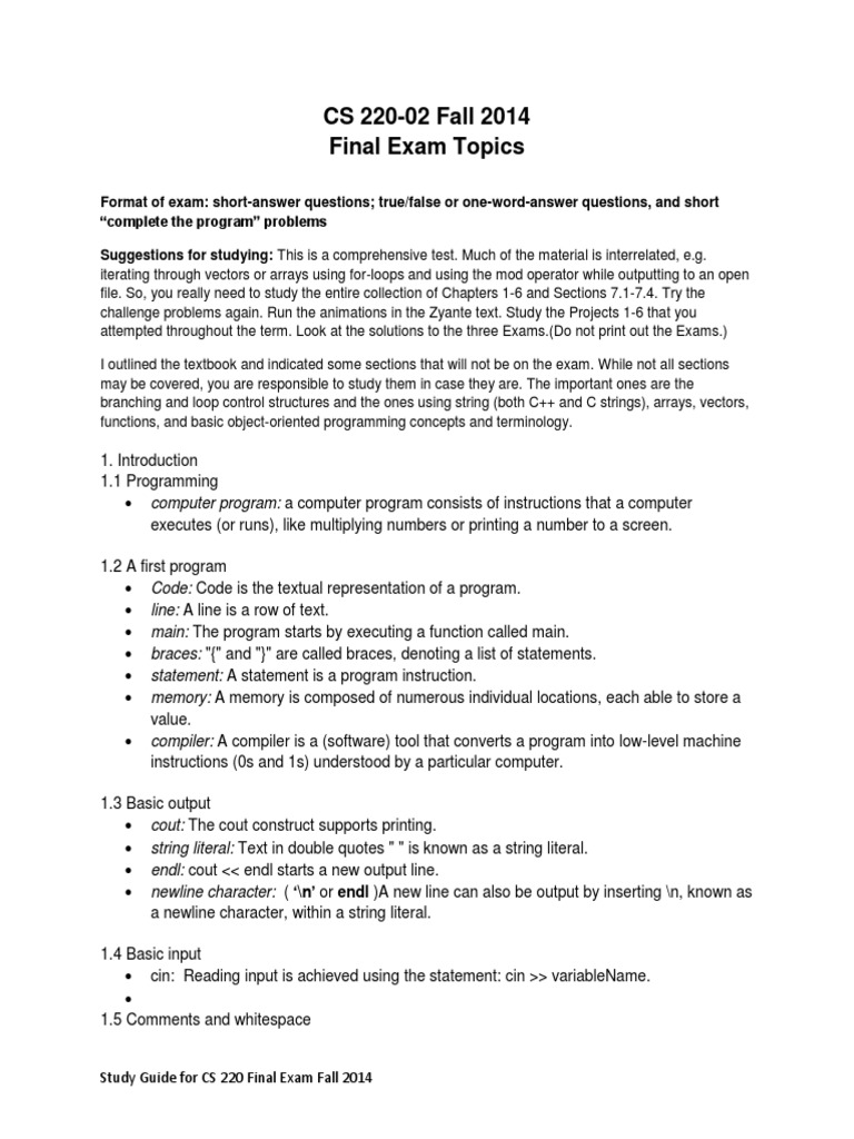 CS220 FinalExam I14 StudyGuide | PDF | Array Data Structure | Parameter (Computer Programming)