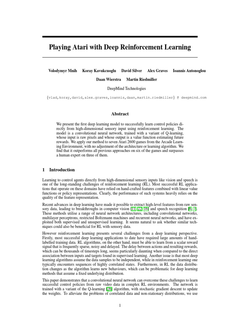 Playing Atari With Deep Reinforcement Learning Pdf Deep Learning Artificial Neural Network