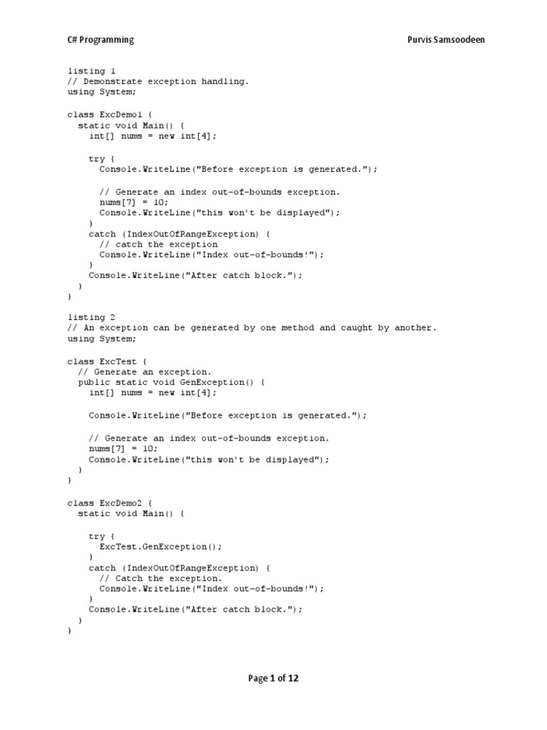 Day Code Exceptions | PDF | C Sharp (Programming Language) | Object ... Day Code Exceptions | PDF | C Sharp (Programming Language) | Object ...