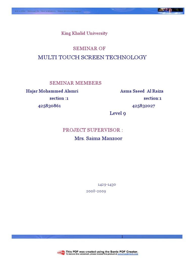Multi Touch Screen Technology: Seminar of | PDF | Touchscreen | User Interface