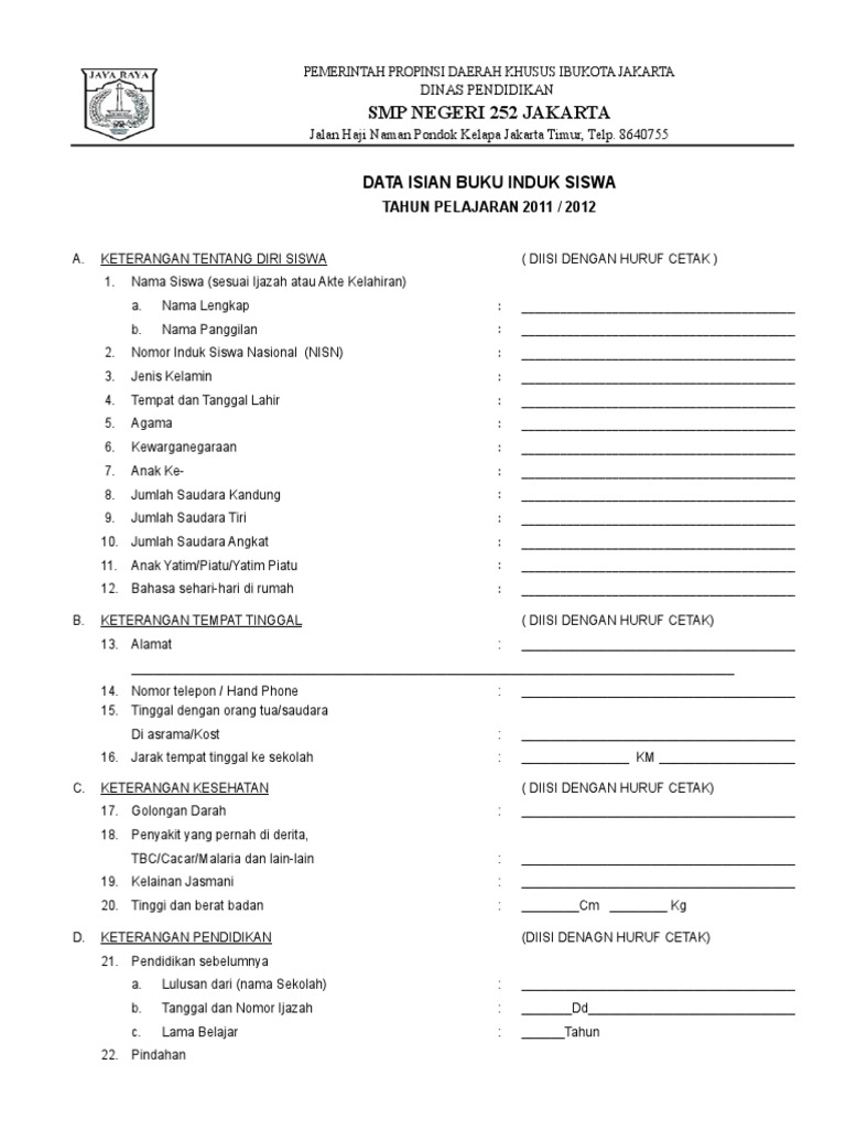 Form Biodata Siswa | PDF