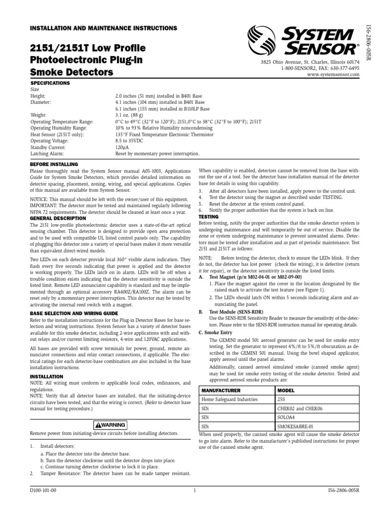 System Sensor 2151 & 2151T - Installation Manual | Smoke | Relay