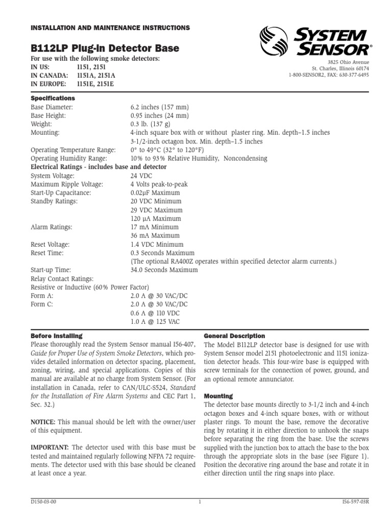 System Sensor B112lp Wiring Diagram System Sensor B110rlp 2-
