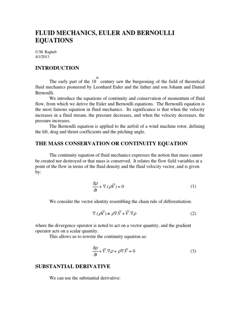 Fluid Mechanics Euler and Bernoulli Equations | PDF