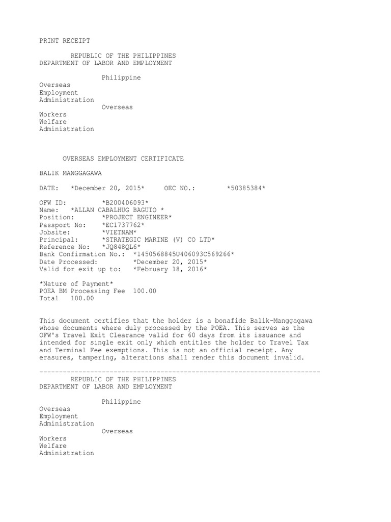 Poea Oec Printing | PDF