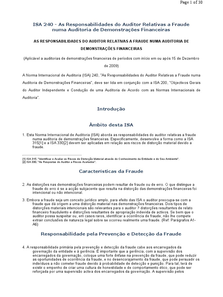 Isa 240 | PDF | Risco | Auditoria interna