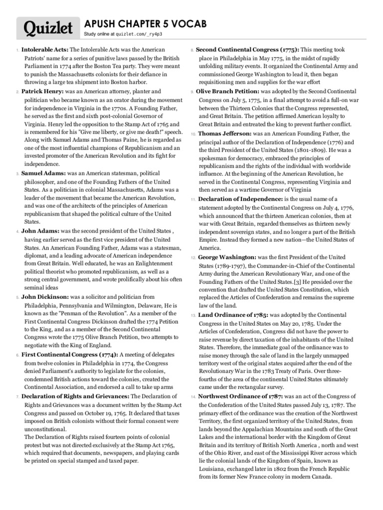 APUSH Chapter 5 Vocab | PDF | American Revolutionary War | American ...
