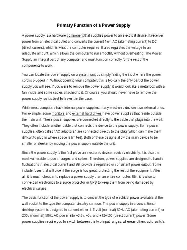 Primary Function of A Power Supply: Component | PDF | Power Supply ...