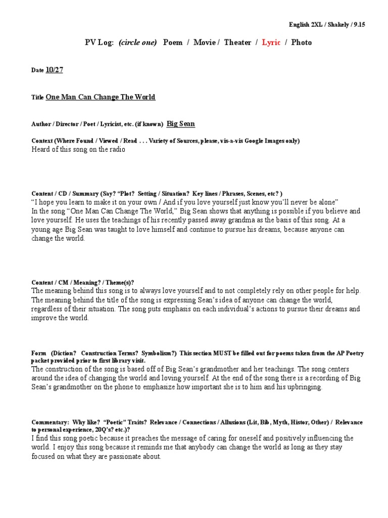 PV Log: (Circle One) Poem / Movie / Theater / / Photo | PDF