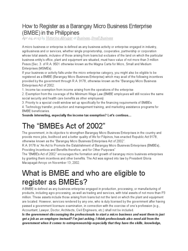BMBE Registration Guide Philippines | PDF | Licensure | Small Business