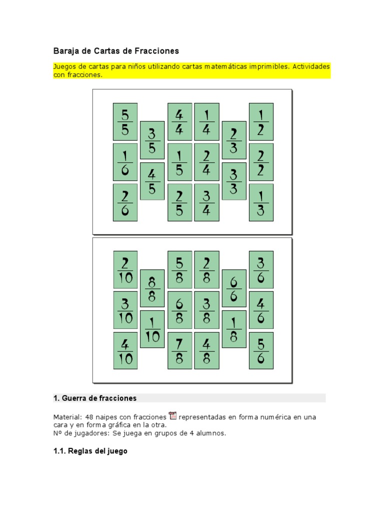 Baraja de Cartas de Fracciones - Juegos e Instrucciones | Jugando a las ...