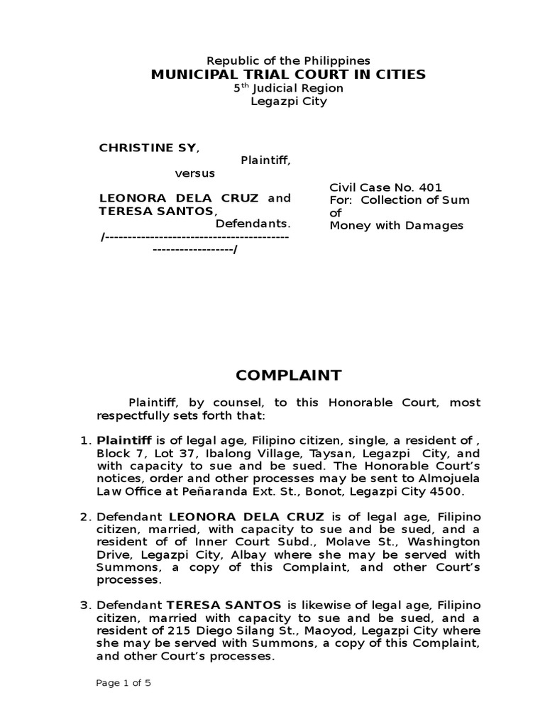 Sample Complaint For Civil Case | PDF | Automated Teller Machine | Lawsuit