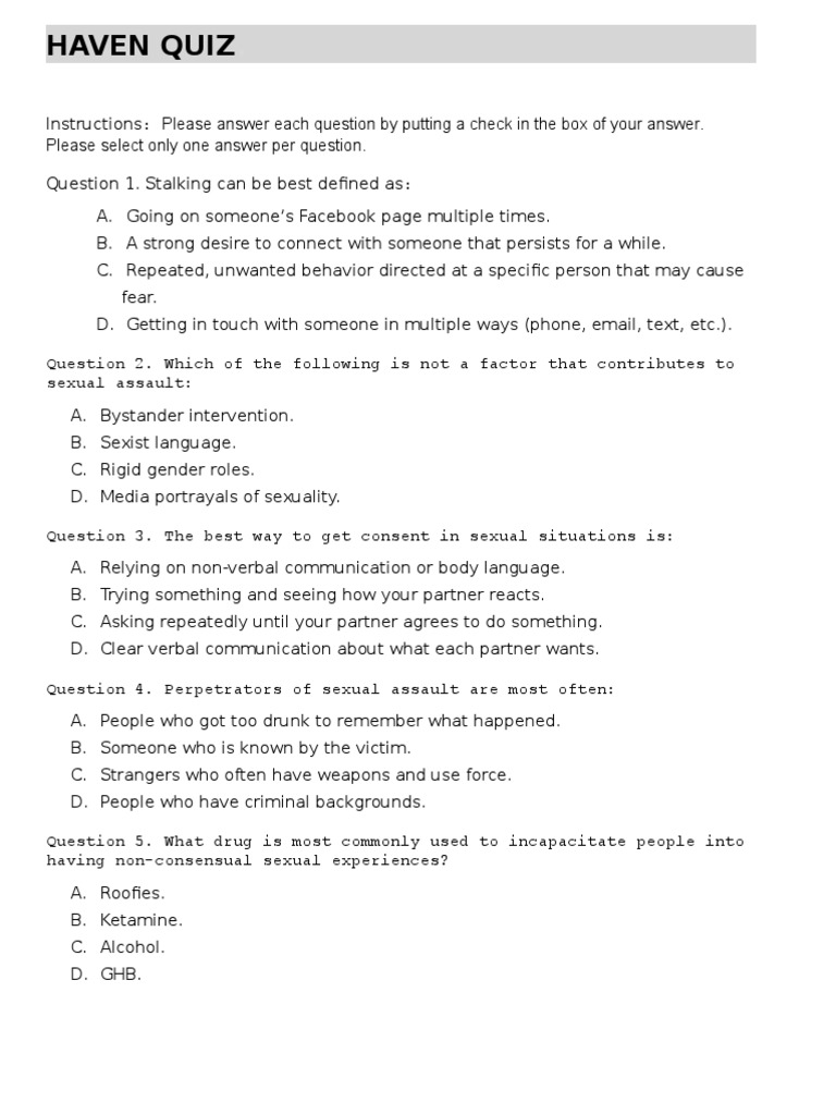 Haven Pre Course Quiz Word Format | PDF | Sexual Assault | Misconduct